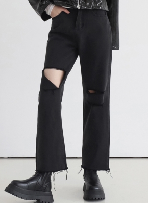 カットオフダメージブラックデニムパンツ | レディースファッション通販 - DHOLIC