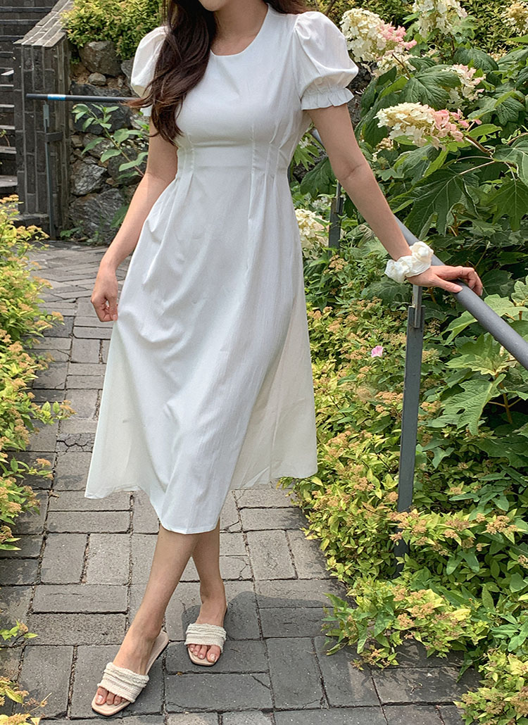 リネン混ウエストタックフレアワンピース | レディースファッション