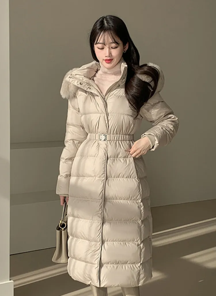 バックルベルトロングファーフードダウンコート | レディースファッション通販 - DHOLIC