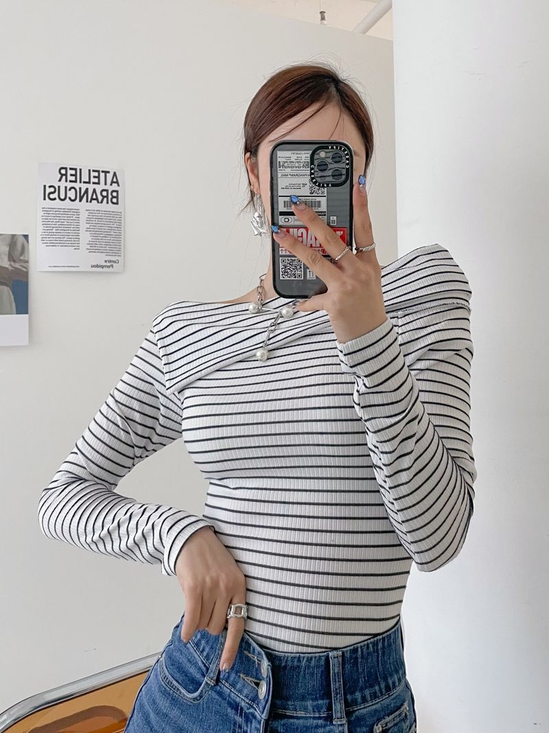 2WAYアンバランスショルダーボーダーTシャツ | レディースファッション通販 - DHOLIC