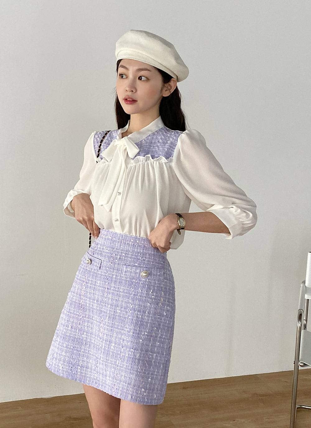 パール調ボタンツイードリボンブラウス&ミニスカートSET | レディースファッション通販 - DHOLIC