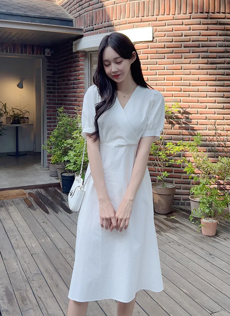 リネン混Vネックパフワンピース | レディースファッション通販 - DHOLIC