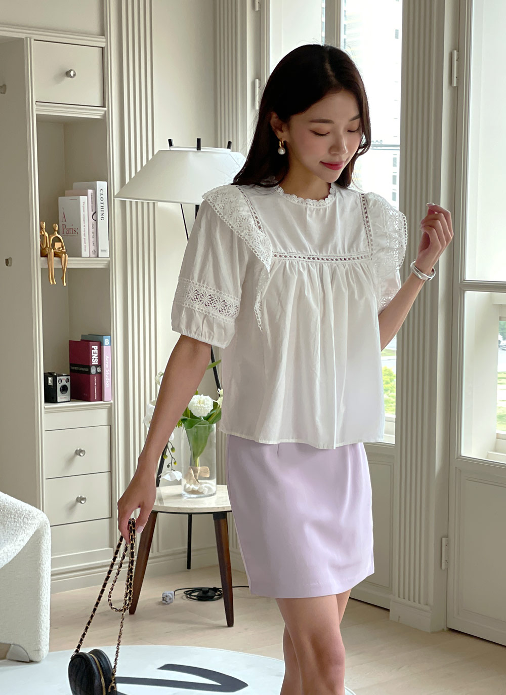 レースラインフリルパフブラウス | レディースファッション通販 - DHOLIC