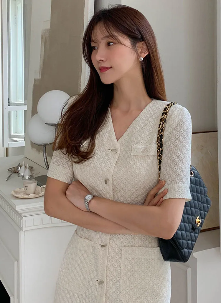 Vネックボタンレースワンピース | レディースファッション通販 - DHOLIC