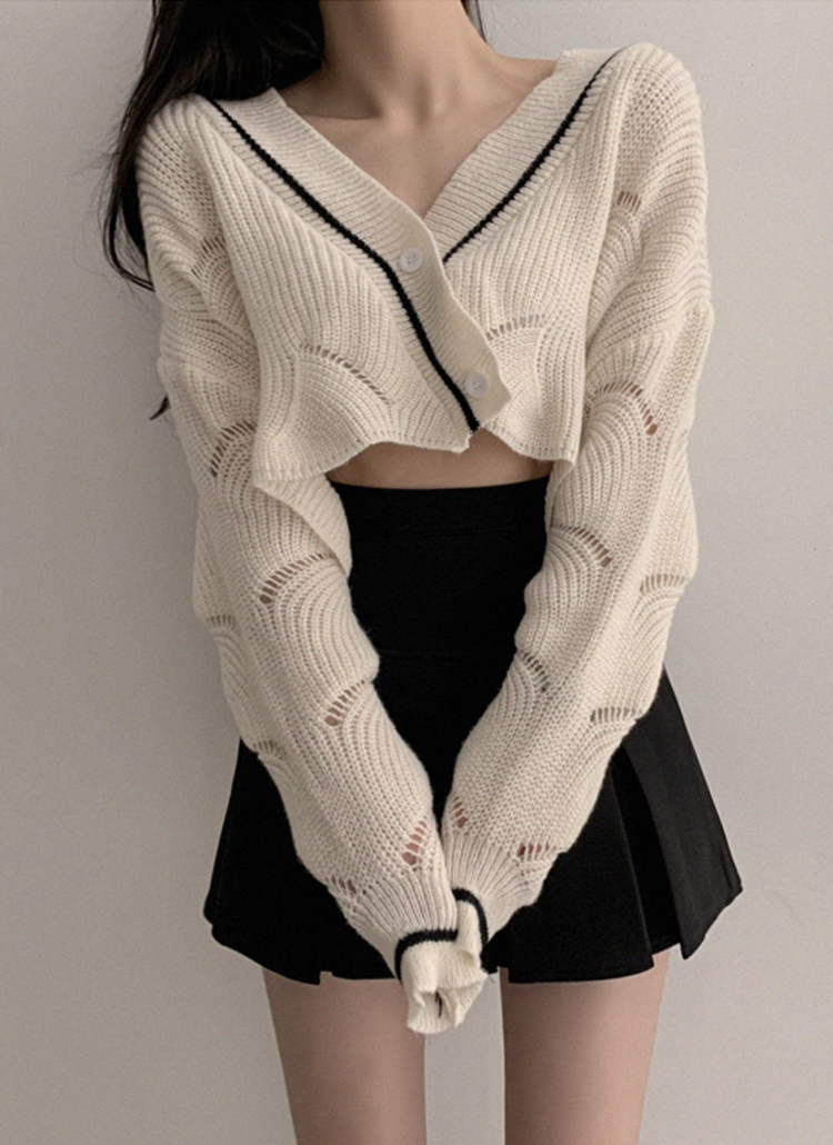 Vネック配色クロップドニットカーディガン | レディースファッション通販 - DHOLIC