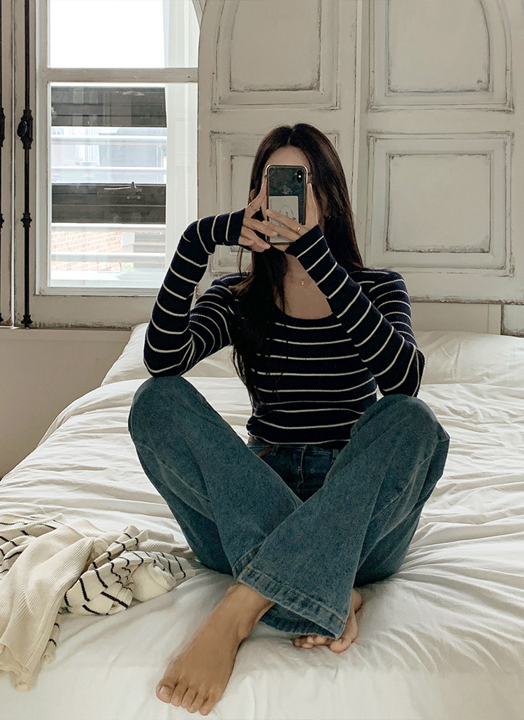 Uネックボーダースリムリブニット | レディースファッション通販 - DHOLIC