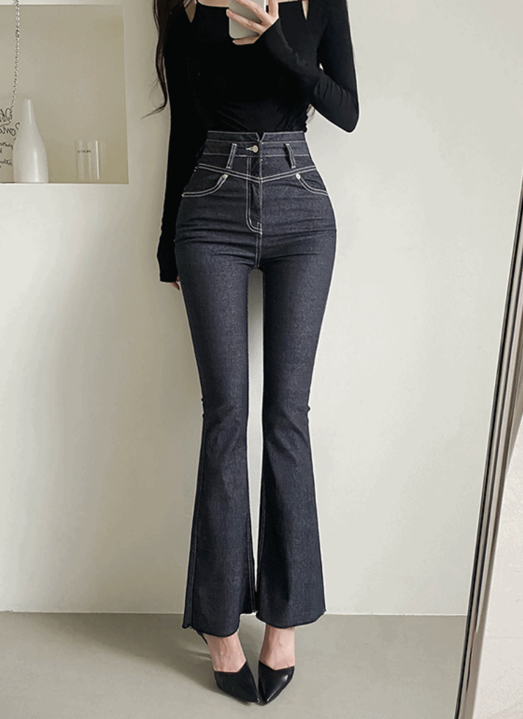 ハイウエストステッチローフレアデニムパンツチ | レディースファッション通販 - DHOLIC