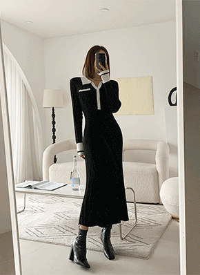 配色スキッパーリブニットワンピース | レディースファッション通販 - DHOLIC