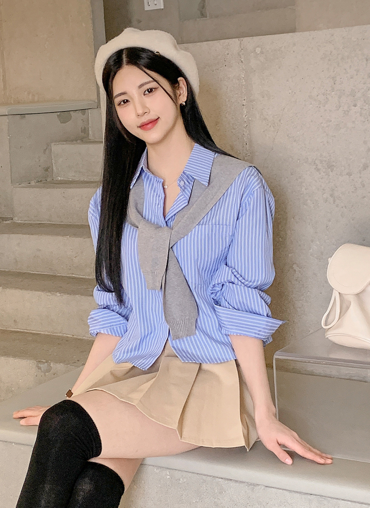 ニットショール付ストライプシャツ | レディースファッション通販 - DHOLIC