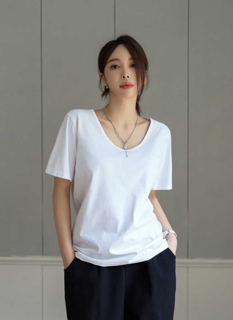 Uネックコットンルーズ半袖Tシャツ | レディースファッション通販 - DHOLIC