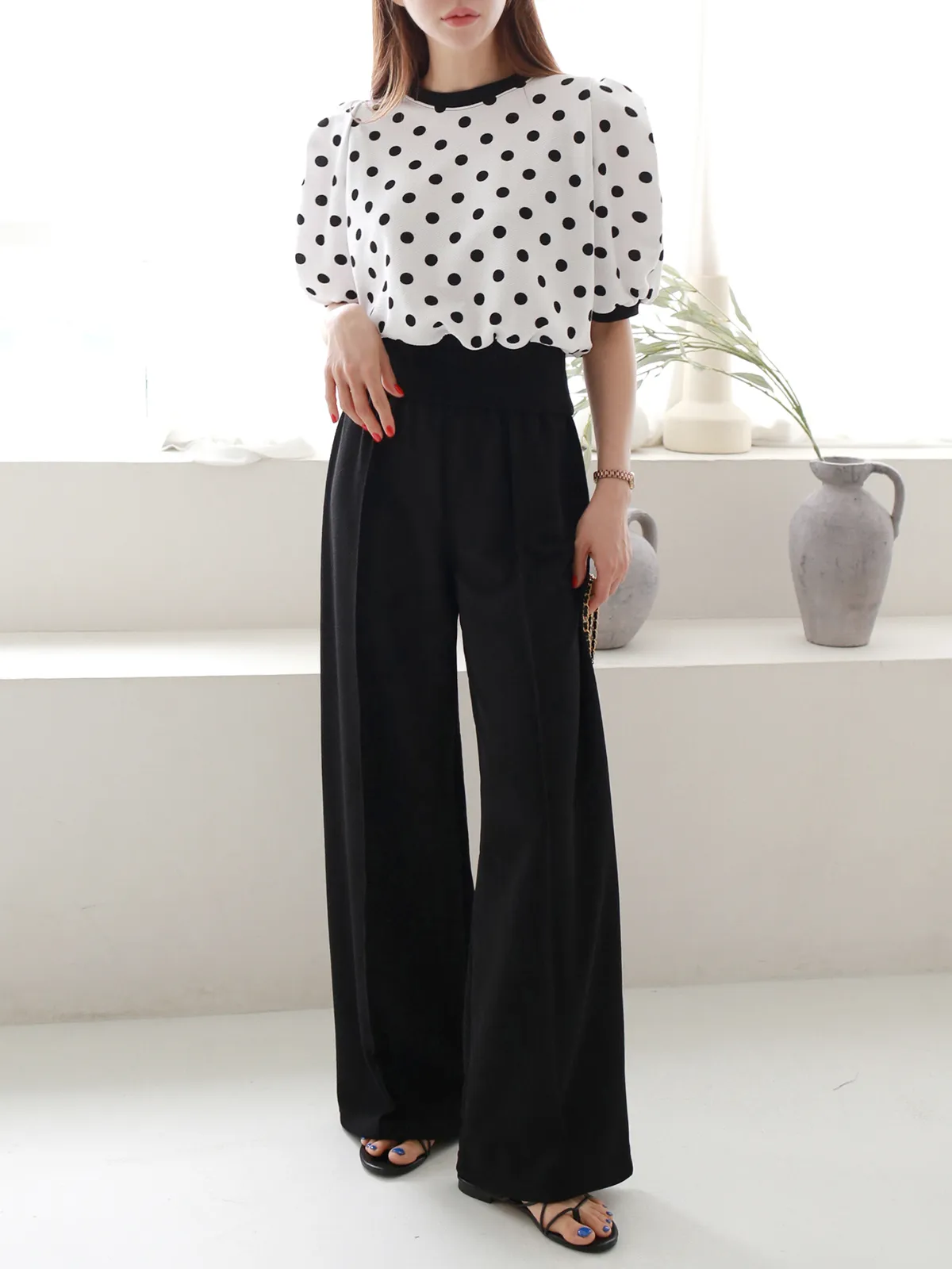 パワショル半袖ドットスウェット&ウエストゴムパンツSET | レディースファッション通販 - DHOLIC