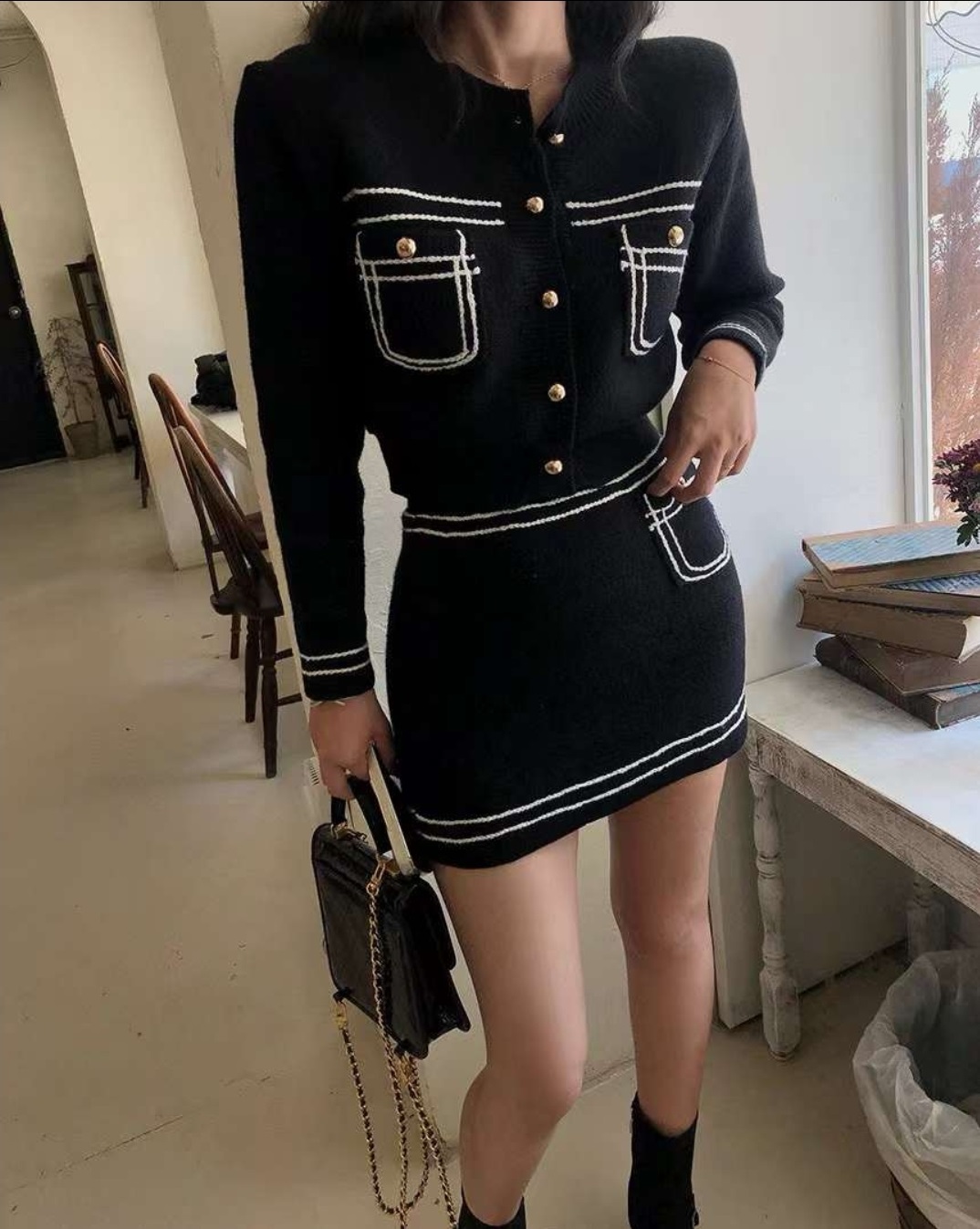 配色ポケットニットカーディガン&ミニスカートSET | レディースファッション通販 - DHOLIC