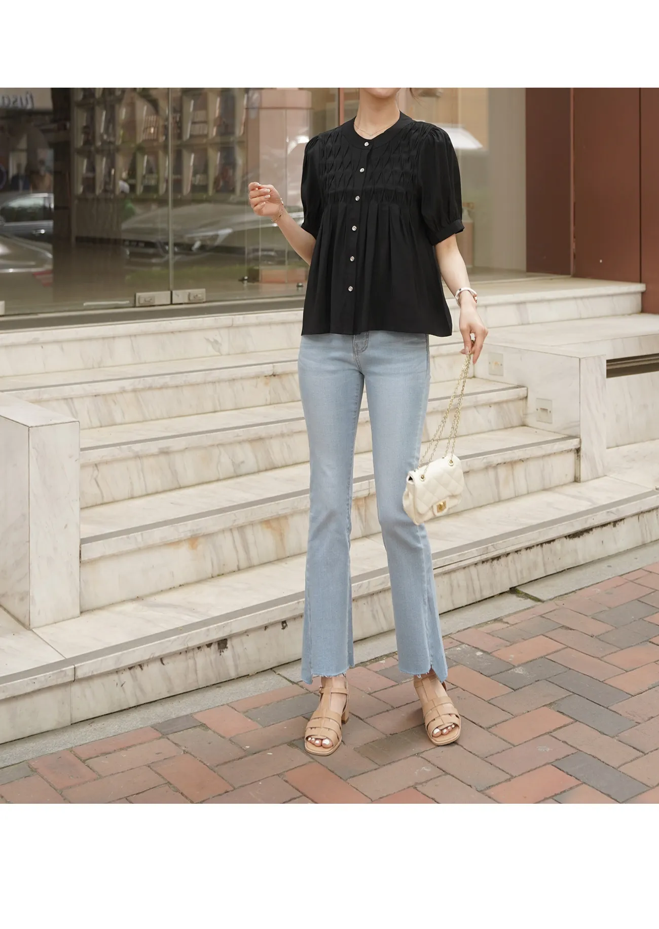 タックディテールボタン半袖ブラウス | レディースファッション通販 - DHOLIC