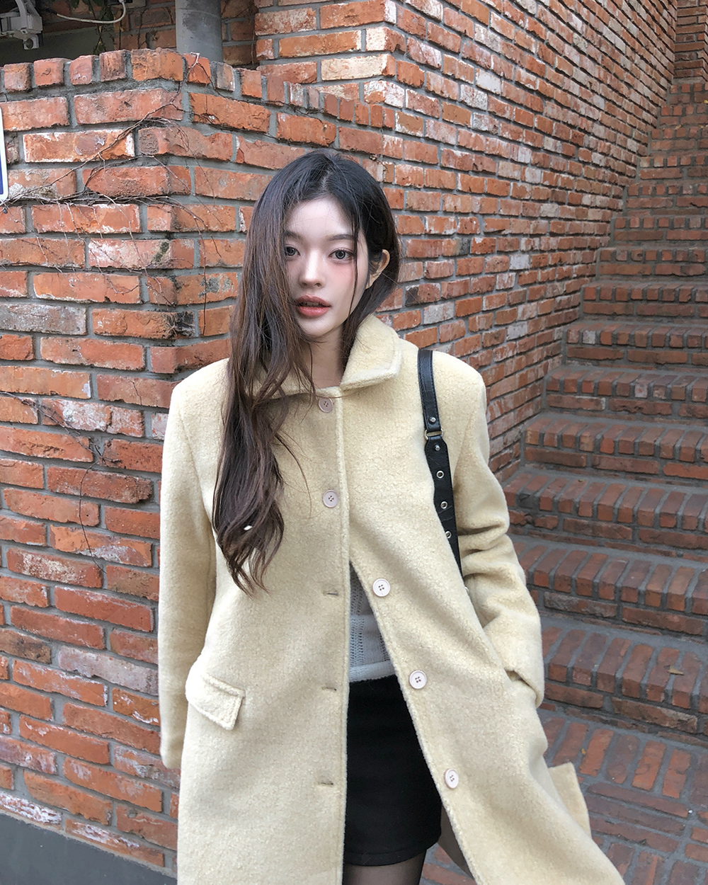 ウール混ハイネックロング長袖ポケットボタンコート | レディース