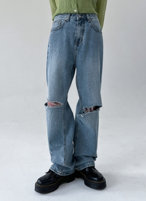 ダメージカッティングワイドデニムパンツ | レディースファッション通販 - DHOLIC