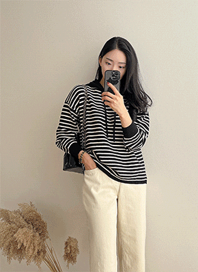 フードドロップショルダーボーダーニット | レディースファッション通販 - DHOLIC