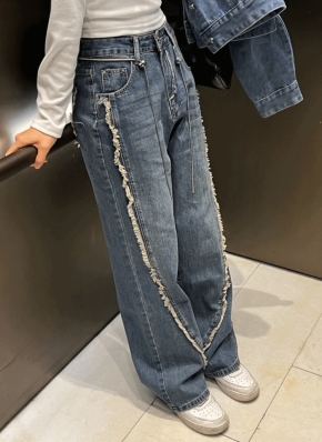 フリンジサイドラインワイドデニムパンツ | レディースファッション通販 - DHOLIC