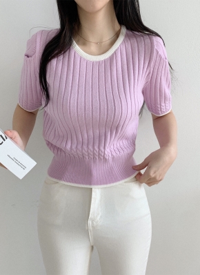 リブパフ半袖配色ニット | レディースファッション通販 - DHOLIC